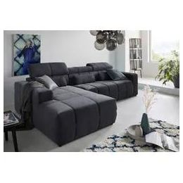 Ecksofa DOMO collection "Brandon große Ausführung B/T/H: 289/177/80 cm, auch in Leder und Cord" Sofas Gr. B/H/T: 289cm x 80cm x 175cm, Chenille-Optik, Recamiere links, ohne Sitztiefenverstellung, mit Nierenkissen, blau (dunkelblau) mit Kopfteilverstellung, wahlweise Sitztiefenverstellung, L-Form