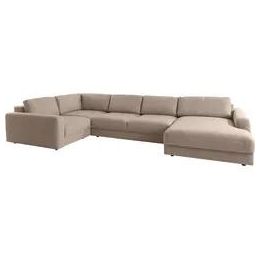 Wohnlandschaft Places of Style "Bloomfield, U-Form" Sofas Gr. B/H/T: 405cm x 84cm x 224cm, Struktur grob, mega-Recamiere rechts, XXL ohne Sitztiefenverstellung, beige (portabella) mit extra tiefer Sitzfläche, wahlweise Sitztiefenverstellung