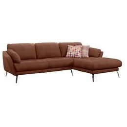 Ecksofa W.Schillig "softy" Sofas Gr. B/H/T: 265cm x 79cm x 168cm, Chenille-Flachgewebe R66, Recamiere rechts, braun (copper r66) mit dekorativer Heftung im Sitz, Füße Chrom glänzend