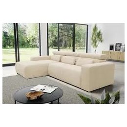 Ecksofa DOMO collection "Brandon große Ausführung B/T/H: 289/177/80 cm, auch in Leder und Cord" Sofas Gr. B/H/T: 285cm x 80cm x 175cm, Cord, Recamiere links, mit Sitztiefenverstellung, mit Nierenkissen, beige (creme) mit Kopfteilverstellung, wahlweise Sitztiefenverstellung, L-Form