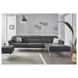 Ecksofa Andas "Bille L-Form" Sofas Gr. B/H/T: 302cm x 86cm x 178cm, Struktur, Recamiere rechts, grau (anthrazit) mit Naht im Rückenkissen und Beinen aus Eichenholz