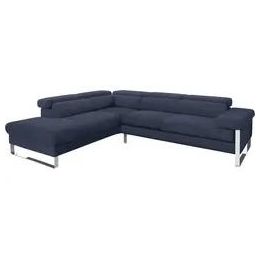 Ecksofa W.Schillig "finn" Sofas Gr. B/H/T: 281cm x 71cm x 230cm, Stoff S37, Ottomane links, ohne Kopfteilverstellung-ohne Sitztiefenverstellung, blau (dunkelblau s37) German Design Award 2016, Fußgestell Chrom glänzend, Breite 281 cm