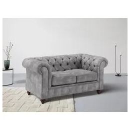 Chesterfield-Sofa Home Affaire "Chesterfield 2-Sitzer B/T/H: 150/89/74 cm" Sofas Gr. B/H/T: 150cm x 74cm x 89cm, Luxus-Microfaser Lederoptik, grau (hellgrau) mit hochwertiger Knopfheftung, auch in Leder