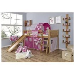 Hochbett Ticaa "Ekki" Hochbetten Gr. Mit Vorhang, Tunnel und Tasche, Liegefläche B/L: 90 cm x 200 cm, kein Härtegrad, ohne Matratze, beige (buche natur lackiert, prinzessin, pink) Kinder mit Rollrost und Textil-Set wahlweise Matratze, Buche