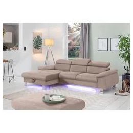 Polstergarnitur COTTA "Komaris" Sitzmöbel-Sets Gr. Microfaser PRIMABELLE, mit Kopfteilverstellung-ohne Bettfunktion & Bettkasten-mit RGB-LED-Beleuchtung + Recamiere links, braun (mud) bestehend aus Ecksofa und Hocker, mit Kopfteilverstellung