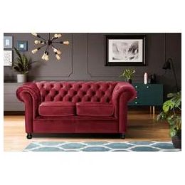 Chesterfield-Sofa Home Affaire "Chesterfield Home 2-Sitzer" Sofas Gr. B/H/T: 152cm x 75cm x 90cm, Samtvelours, Frei im Raum stellbar, rot (dunkelrot) mit edler Knopfheftung und typischen Armlehnen