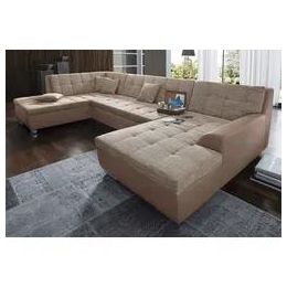 Wohnlandschaft DOMO collection "Treviso incl. Zierkissen, moderne Steppung, XXL: B/T/H: 364/201/83 cm" Sofas Gr. B/H/T: 364cm x 83cm x 201cm, Microfaser PRIMABELLE-Struktur, Recamiere rechts, ohne Bettfunktion, braun (braun/beigebraun) wahlweise mit Bettfunktion, in vielen Bezugsarten auch Cord U-Form