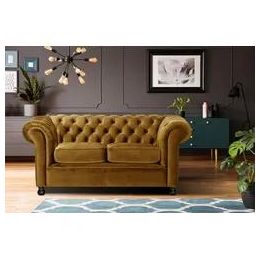 Chesterfield-Sofa Home Affaire "Chesterfield Home 2-Sitzer" Sofas Gr. B/H/T: 152cm x 75cm x 90cm, Samtvelours, Frei im Raum stellbar, gelb (senf) mit edler Knopfheftung und typischen Armlehnen