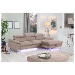 Polstergarnitur COTTA "Komaris" Sitzmöbel-Sets Gr. Microfaser PRIMABELLE, mit Kopfteilverstellung-mit Bettfunktion & Bettkasten-mit RGB-LED-Beleuchtung + Recamiere rechts, braun (mud) bestehend aus Ecksofa und Hocker, mit Kopfteilverstellung