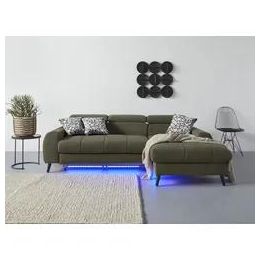 Ecksofa COTTA "Mia L-Form" Sofas Gr. B/H/T: 236cm x 74cm x 164cm, Flachgewebe, Recamiere rechts, Ohne Bettfunktion-ohne Bettkasten-mit RGB-LED-Beleuchtung-mit Wireless Charger, grün (turtle) 3-tlg.-Kissen-Set, Recamiere, wahlweise mit oder ohne RGB-Beleuchtung