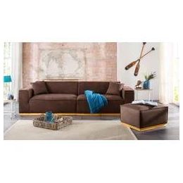 3-Sitzer Home Affaire "Terry" Sofas Gr. B/H/T: 278cm x 75cm x 89cm, Luxus-Microfaser, Inklusive 2 Zierkissen, braun (dunkelbraun) mit offener Kedernaht und Holzuntergestell