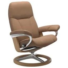 Relaxsessel stressless "Consul" Sessel Gr. Leder BATICK, Signature Base Eiche, BalanceAdaptTM-PlusTMSystem-Gleitsystem-Relaxfunktion-Drehfunktion-Kopfstützenverstellung-Rückteilverstellung, B/H/T: 78cm x 97cm x 70cm, braun (latte batick) mit Signature Base, Größe S, Gestell Eiche