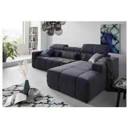 Ecksofa DOMO collection "Brandon große Ausführung B/T/H: 289/177/80 cm, auch in Leder und Cord" Sofas Gr. B/H/T: 289cm x 80cm x 175cm, Chenille-Optik, Recamiere rechts, ohne Sitztiefenverstellung, mit Nierenkissen, blau (dunkelblau) mit Kopfteilverstellung, wahlweise Sitztiefenverstellung, L-Form