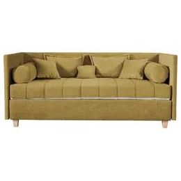 Schlafsofa Alina "Kona" Sofas Gr. B/H/T: 201cm x 90,5cm x 91cm, Struktur fein TCM, gelb (curry tcm 105) 7-Zonen Taschenfederkernmatratze, Zierkissen-Set und Schlummerrollen