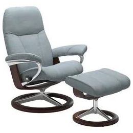 Relaxsessel stressless "Consul" Sessel Gr. Struktur fein JASMINE, Signature Base Braun, BalanceAdaptTM-PlusTMSystem-Gleitsystem-Relaxfunktion-Drehfunktion-Kopfstützenverstellung-Rückteilverstellung, B/H/T: 82cm x 102cm x 72cm, blau (light blue jasmine) mit Hocker, Signature Base, Größe M, Gestell Braun