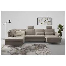 Wohnlandschaft Inosign "Palm Beach U-Form" Sofas Gr. B/H/T: 347 cm x 89 cm x 224 cm, Chenille-Optik, mega-Recamiere rechts, mit Sitztiefenverstellung-mit Bettfunktiom-mit Stauraum-mit Armteilverstellung, braun (latte) Federkern, mit Sitztiefenverstellung, wahlweise Bettfunktion