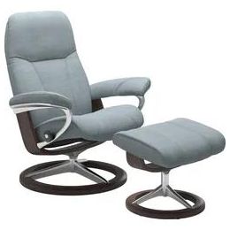 Relaxsessel stressless "Consul" Sessel Gr. Struktur fein JASMINE, Signature Base Wenge, BalanceAdaptTM-PlusTMSystem-Gleitsystem-Relaxfunktion-Drehfunktion-Kopfstützenverstellung-Rückteilverstellung, B/H/T: 82cm x 102cm x 72cm, blau (light blue jasmine) mit Hocker, Signature Base, Größe M, Gestell Wenge