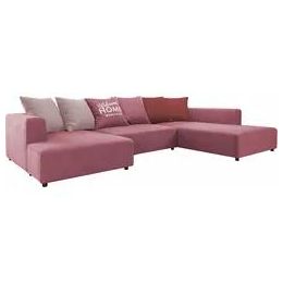 Wohnlandschaft Tom Tailor HOME "HEAVEN CASUAL U" Sofas Gr. B/H/T: 346cm x 85cm x 221cm, Struktur grob TCU, mega-Recamiere rechts, Metallfuß, orange (rich coral tcu 17/light rose 27/soft copper 37) aus der COLORS COLLECTION, farblich abgesetzte Rückenkissen