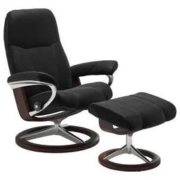 Relaxsessel stressless "Consul" Sessel Gr. Leder PALOMA, Signature Base Braun, BalanceAdaptTM-PlusTMSystem-Gleitsystem-Relaxfunktion-Drehfunktion-Kopfstützenverstellung-Rückteilverstellung, B/H/T: 82cm x 102cm x 72cm, schwarz (black paloma) mit Hocker, Signature Base, Größe M, Gestell Braun