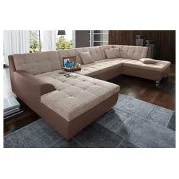 Wohnlandschaft DOMO collection "Treviso incl. Zierkissen, moderne Steppung, XXL: B/T/H: 364/201/83 cm" Sofas Gr. B/H/T: 364cm x 83cm x 201cm, Kunstleder SOFTLUX-Struktur, Recamiere links, ohne Bettfunktion, braun (braun/beigebraun) wahlweise mit Bettfunktion, in vielen Bezugsarten auch Cord U-Form