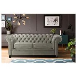 Chesterfield-Sofa Home Affaire "Chesterfield Home 3-Sitzer B/T/H: 192/87/75 cn" Sofas Gr. B/H/T: 192cm x 75cm x 90cm, Luxus-Microfaser, Frei im Raum stellbar, grau (hellgrau) Sofas mit edler Knopfheftung und typischen Armlehnen