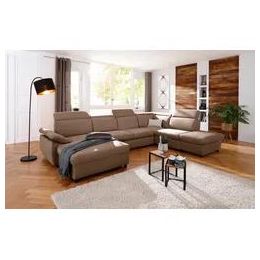 Wohnlandschaft Home Affaire "Mauritius U-Form" Sofas Gr. B/T: 354cm x 232cm, Luxus-Microfaser Lederoptik, Ottomane rechts, ohne Bettfunktion-ohne Bettkasten, braun mit Kopfteil- und Armlehnverstellung, wahlweise Bettfunktion