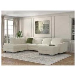 Sit & More Wohnlandschaft SIT&MORE "Dundee U-Form" Sofas Gr. B/H/T: 338 cm x 86 cm x 219 cm, Struktur weich, Ottomane links, mit Kopfteilverstellung-mit Bettfunktion-mit Stauraum, beige (creme) mit Federkern und Edelstahlfüßen, wahlweise Kopfteilverstellung