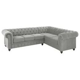 Chesterfield-Sofa Home Affaire "Duc Ecksofa L-Form", grau (hellgrau), B:255cm H:74cm T:214cm, Samtoptik (100% Polyester), Samtoptik (100% Polyester), Luxus-Microfaser Lederoptik (100% Polyester), Sofas, hochwertige Knopfheftung im Rücken, Samtoptik mit changierender Optik