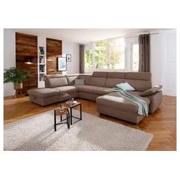 Wohnlandschaft Home Affaire "Mauritius U-Form" Sofas Gr. B/T: 354 cm x 232 cm, Struktur fein, Ottomane links, mit Bettfunktion-mit Bettkasten, braun (hellbraun) mit Kopfteil- und Armlehnverstellung, wahlweise Bettfunktion