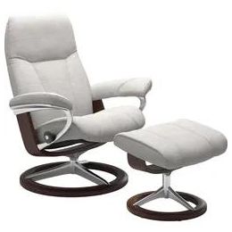 Relaxsessel stressless "Consul" Sessel Gr. Struktur fein JASMINE, Signature Base Braun, BalanceAdaptTM-PlusTMSystem-Gleitsystem-Relaxfunktion-Drehfunktion-Kopfstützenverstellung-Rückteilverstellung, B/H/T: 82cm x 102cm x 72cm, grau (light grey jasmine) mit Hocker, Signature Base, Größe M, Gestell Braun