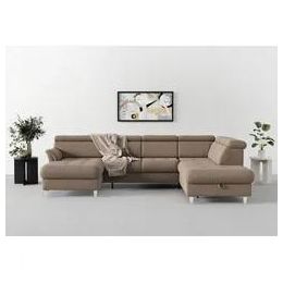 Sit & More Wohnlandschaft SIT & MORE "Marano U-Form", grau (taupe), B:304cm T:216cm, 98% Polyester, 2% Polyamid, Sofas, inklusive Kopfteilverstellung, wahlweise mit Bettfunktion, Bettkasten