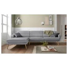 Ecksofa Andas "Bille L-Form" Sofas Gr. B/H/T: 302cm x 86cm x 178cm, Struktur fein, Recamiere links, grau (hellgrau) mit Naht im Rückenkissen und Beinen aus Eichenholz