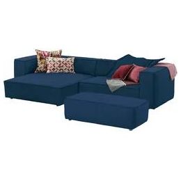 Ecksofa W.Schillig "around-the-block" Sofas Gr. B/H/T: 300 cm x 66 cm x 164 cm, Longlife fabric Flachgewebe T88, Longchair links, blau (blue t88) mit eleganter Biese, Federkern