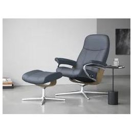 Relaxsessel stressless "Consul" Sessel Gr. Leder PALOMA, Cross Base Eiche, Relaxfunktion-Drehfunktion-PlusTMSystem-Gleitsystem-BalanceAdaptTM, B/H/T: 78cm x 97cm x 70cm, blau (sparrow blue paloma) mit Cross Base, Größe S, M & L, Holzakzent Eiche