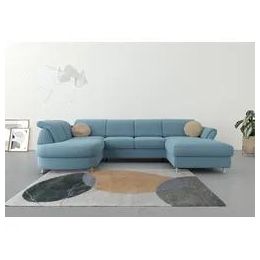 Sit & More Wohnlandschaft SIT & MORE "Apulia U-Form" Sofas Gr. B/H/T: 304cm x 78cm x 192cm, Struktur weich, Ottomane links, mit Bettfunktion-mit Bettkasten-mit Armteilverstellung-mit Kopfteilverstellung, blau (hellblau) wahlweise Bettfunktion, Bettkasten und Kopf- Armteilverstellung