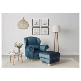 Ohrensessel Home Affaire "Queenie Ohrenseesel" Sessel Gr. Samtvelours VELVET, B/H/T: 117 cm x 111 cm x 94 cm, blau mit softem, weichem Sitzkomfort und zeitlosem Design