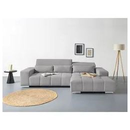 Ecksofa COTTA "Orion L-Form" Sofas Gr. B/H/T: 307cm x 73cm x 186cm, Chenille-Struktur, Recamiere rechts, grau mit Recamiere, inkl. verstellbaren Kopfstützen und 3 Kissen