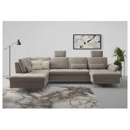 Wohnlandschaft Inosign "Palm Beach U-Form" Sofas Gr. B/H/T: 347 cm x 89 cm x 224 cm, Chenille-Optik, mega-Recamiere rechts, mit Sitztiefenverstellung-ohne Bettfunktiom-ohne Stauraum-ohne Armteilverstellung, braun (latte) Federkern, mit Sitztiefenverstellung, wahlweise Bettfunktion