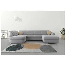 Sit & More Wohnlandschaft SIT&MORE "Apulia U-Form" Sofas Gr. B/H/T: 304 cm x 78 cm x 192 cm, Samtoptik, Ottomane links, mit Bettfunktion-mit Bettkasten-mit Armteilverstellung-mit Kopfteilverstellung, grau (hellgrau) wahlweise Bettfunktion, Bettkasten und Kopf- Armteilverstellung