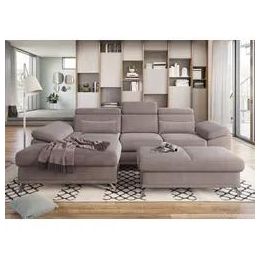 Sit & More Ecksofa SIT & MORE "Cabrio L-Form" Sofas Gr. B/H/T: 295cm x 87cm x 180cm, Struktur weich, Recamiere links, mit Sitztiefenverstellung-mit Kopfteilverstellung-mit Armteilfunktion-mit 2 Nierenkissen, braun (savannah) mit Sitztiefen- und Armteilverstellung sowie Federkern, 2 Nierenkissen