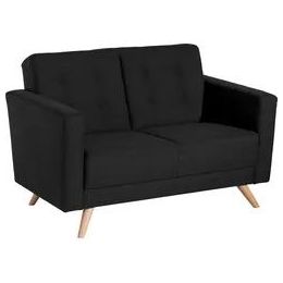 2-Sitzer Max Winzer "Julius zeitlos, elegant im skandinavischen Stil, mit hohem Sitzkomfort" Sofas Gr. B/H/T: 128cm x 81cm x 83cm, Strukturwebstoff 16523, schwarz mit Knopfheftung, Retro, schmale Armlehnen, Breite 128 cm