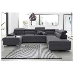 Wohnlandschaft DOMO collection "Mira U-Form" Sofas Gr. B/H/T: 337cm x 78cm x 230cm, Luxus-Microfaser, Recamiere links, mit Kopfteilverstellung, grau (dunkelgrau) wahlweise mit Bettfunktion und Bettkasten