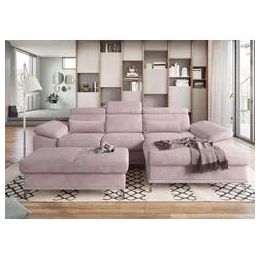 Sit & More Ecksofa SIT & MORE "Cabrio L-Form" Sofas Gr. B/H/T: 295cm x 87cm x 180cm, Struktur weich, Recamiere rechts, mit Bettfunktion-mit Bettkasten-mit Sitztiefenverstellung-mit Kopfteilverstellung-mit Armteilfunktion-mit 2 Nierenkissen, rosa (rose) mit Sitztiefen- und Armteilverstellung sowie Federkern, 2 Nierenkissen