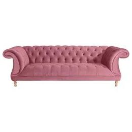 Chesterfield-Sofa Max Winzer "Isabelle" Sofas Gr. B/H/T: 253cm x 80cm x 100cm, Samtvelours 20442, rosa (rosé) mit Knopfheftung & gedrechselten Füßen in Buche natur, Breite 260 cm