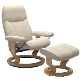 Relaxsessel stressless "Consul" Sessel Gr. Struktur fein JASMINE, Classic Base Eiche, PlusTMSystem-Gleitsystem-Relaxfunktion-Drehfunktion-Kopfstützenverstellung-Rückteilverstellung, B/H/T: 85cm x 100cm x 77cm, beige (beige jasmine) mit Hocker, Classic Base, Größe L, Gestell Eiche