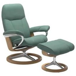 Relaxsessel stressless "Consul" Sessel Gr. Leder PALOMA, Signature Base Eiche, BalanceAdaptTM-PlusTMSystem-Gleitsystem-Relaxfunktion-Drehfunktion-Kopfstützenverstellung-Rückteilverstellung, B/H/T: 82cm x 102cm x 72cm, grün (aqua green paloma) mit Hocker, Signature Base, Größe M, Gestell Eiche