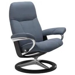 Relaxsessel stressless "Consul" Sessel Gr. Leder PALOMA, Signature Base Schwarz, BalanceAdaptTM-PlusTMSystem-Gleitsystem-Relaxfunktion-Drehfunktion-Kopfstützenverstellung-Rückteilverstellung, B/H/T: 78cm x 97cm x 70cm, blau (sparrow blue paloma) mit Signature Base, Größe S, Gestell Schwarz