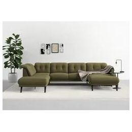 Sit & More Wohnlandschaft SIT&MORE "Scandia U-Form" Sofas Gr. B/H/T: 335 cm x 82 cm x 214 cm, Struktur weich, Ottomane links, Ohne Kopfteilverstellung-Ohne Armteilfunktion-Mit schwarzen matten Metallfüßen, grün (olive) Wahlweise mit Kopfteilverstellung und Armteilfunktion