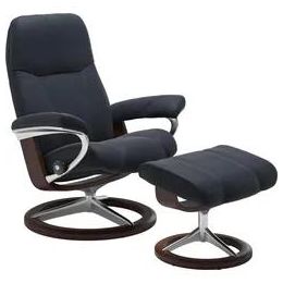 Relaxsessel stressless "Consul" Sessel Gr. Leder PALOMA, Signature Base Braun, BalanceAdaptTM-PlusTMSystem-Gleitsystem-Relaxfunktion-Drehfunktion-Kopfstützenverstellung-Rückteilverstellung, B/H/T: 82cm x 102cm x 72cm, blau (shadow blue paloma) mit Hocker, Signature Base, Größe M, Gestell Braun