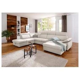 Wohnlandschaft Home Affaire "Mauritius U-Form" Sofas Gr. B/T: 354cm x 232cm, Struktur fein, Ottomane links, ohne Bettfunktion-ohne Bettkasten, beige (natur) mit Kopfteil- und Armlehnverstellung, wahlweise Bettfunktion